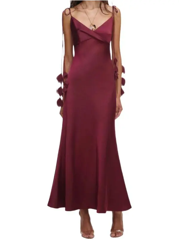 SELF-PORTRAIT Satin Flower Midi Dress - Wine Red