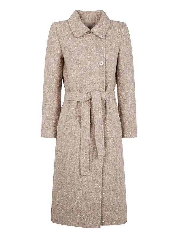 TWINSET Double-breasted Belted Coat With Sequins - Nude