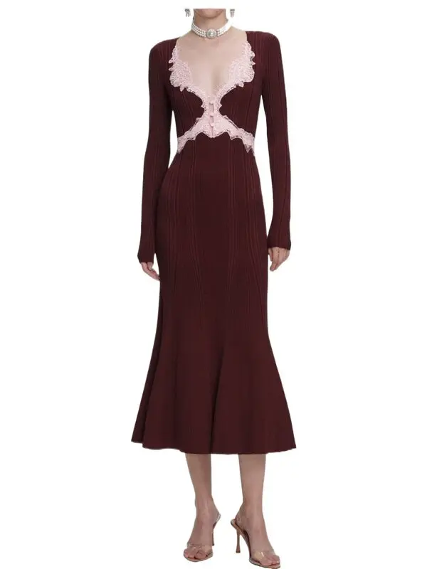 SELF-PORTRAIT Ribbed Lace A-line Midi Dress - Brown