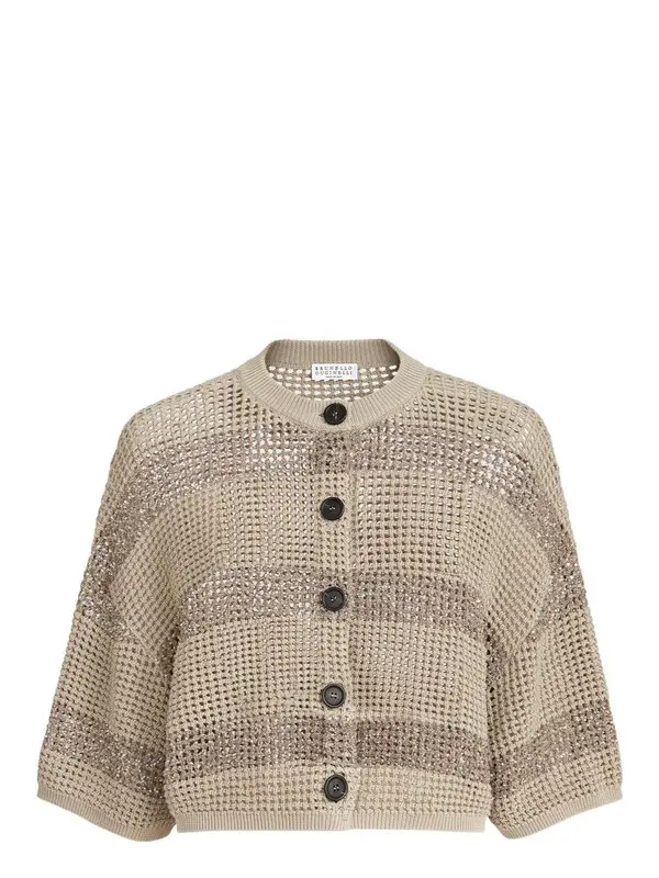 Brunello Cucinelli Cropped Mesh Knit Cardigan With Striped Detail - Sand-colored