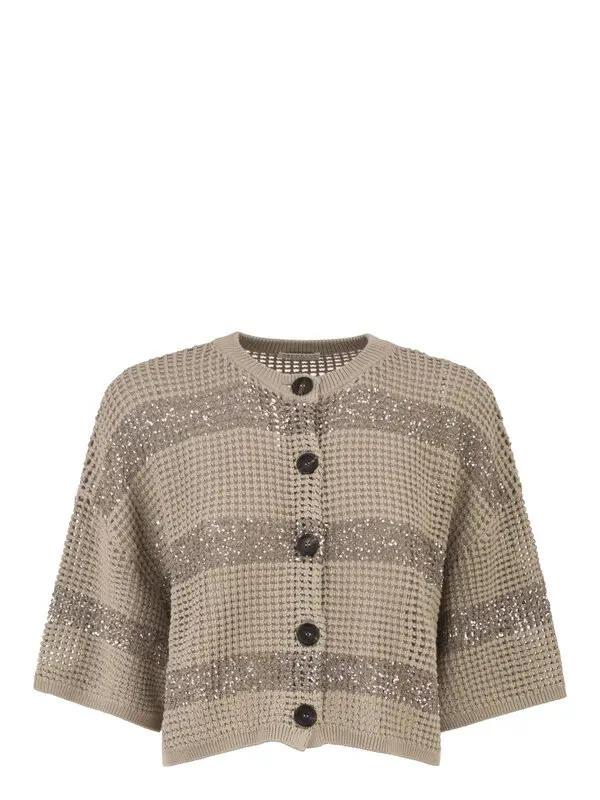Brunello Cucinelli Cropped Mesh Knit Cardigan With Striped Detail - Sand