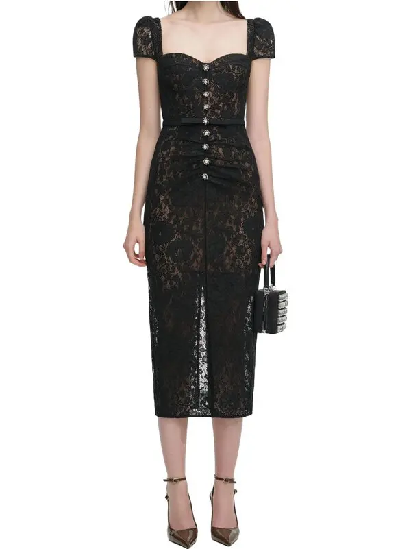 SELF-PORTRAIT Lace Button Detail Midi Dress - Black