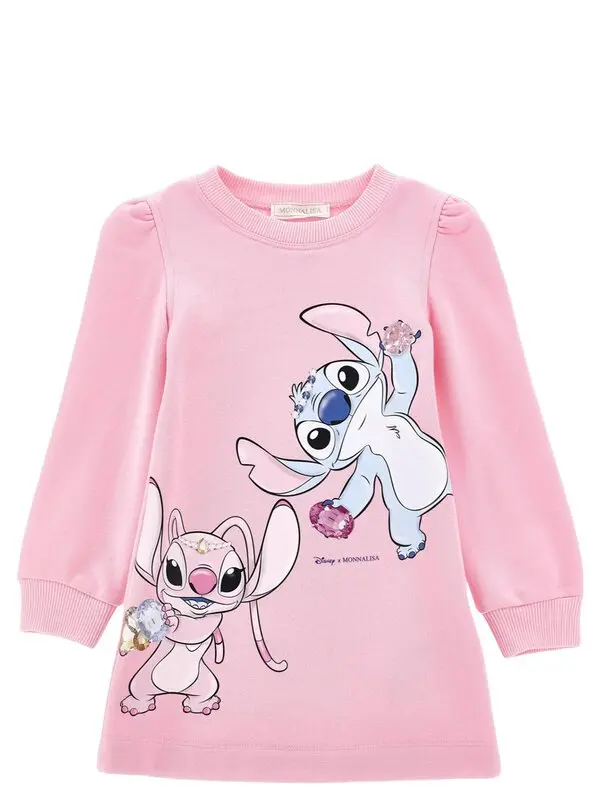Monnalisa Crewneck Sweatshirt Dress With Stitch Angel Print - Pink