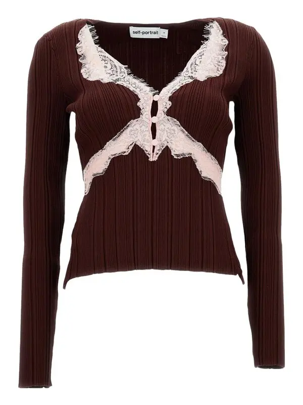 SELF-PORTRAIT Lace Detail Ribbed Knit Top - Brown