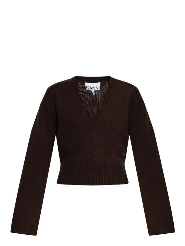 GANNI V-neck Long Sleeve Jumper - Brown