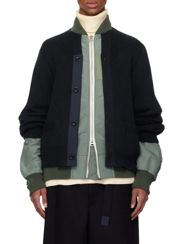 Sacai Layered Effect Zip-up Knitted Jacket - Black