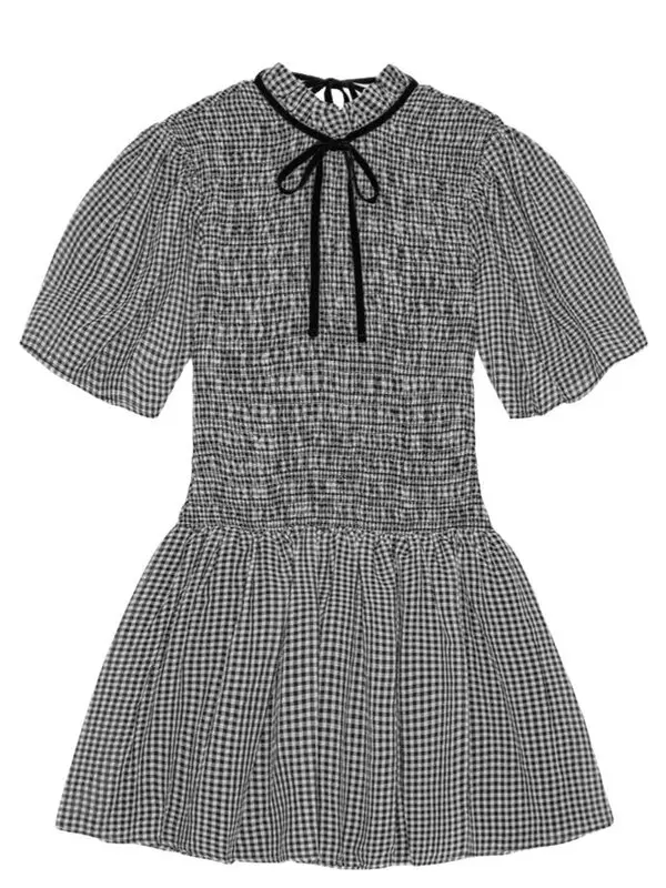 GANNI Checked Mini Dress With Lace Detail - Black