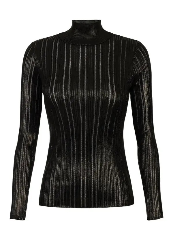 Elisabetta Franchi Laminated Ribbed High Neck Long Sleeve Top - Black