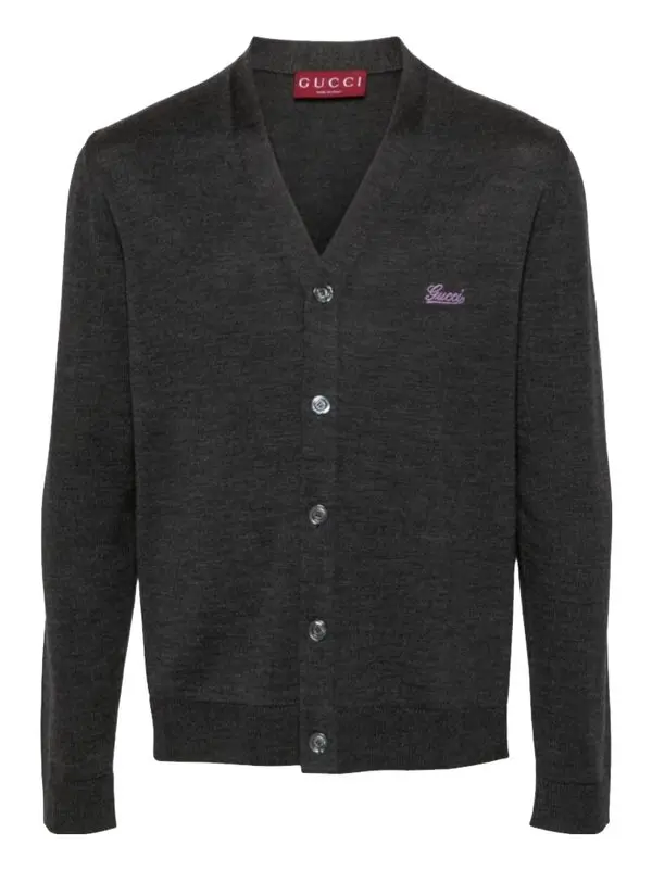 Gucci V-neck Button-up Cardigan With Embroidered Logo - Black