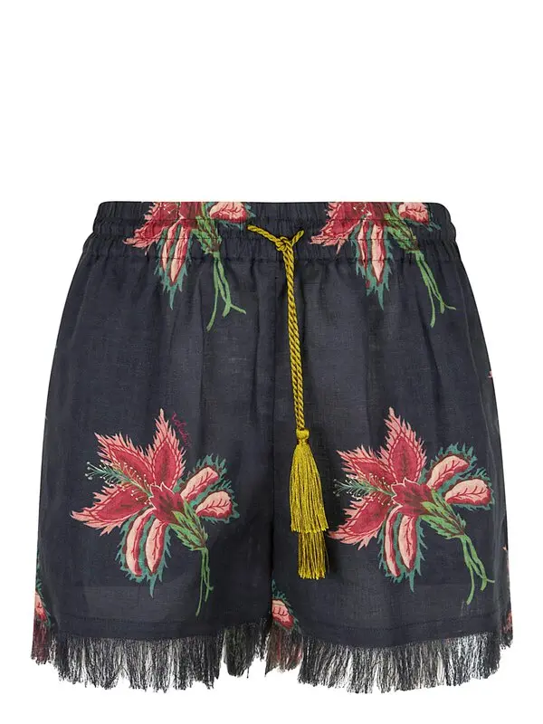 Valentino Garavani Floral Print Fringed Hem Shorts - Black