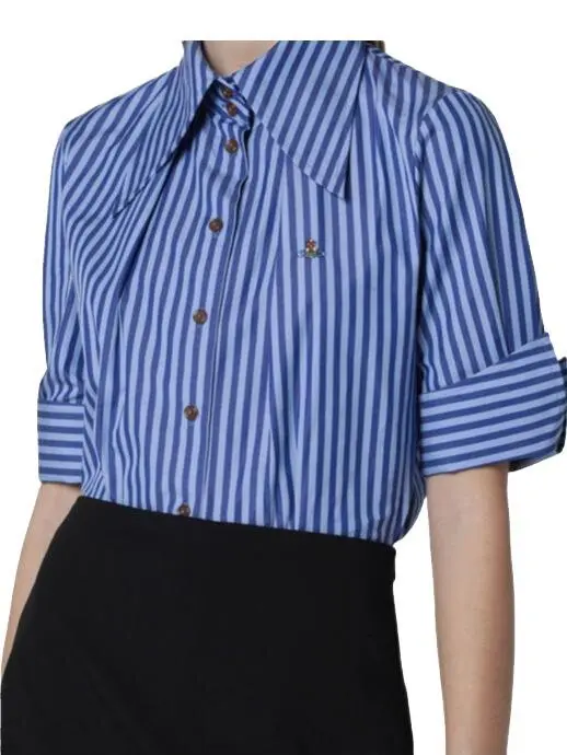 VIVIENNE WESTWOOD Striped Short Sleeve Shirt With Orb Logo Embroidery - Blue