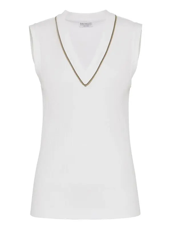 Brunello Cucinelli Ribbed Jersey V-neck Sleeveless Top With Monili Chain Detail - White
