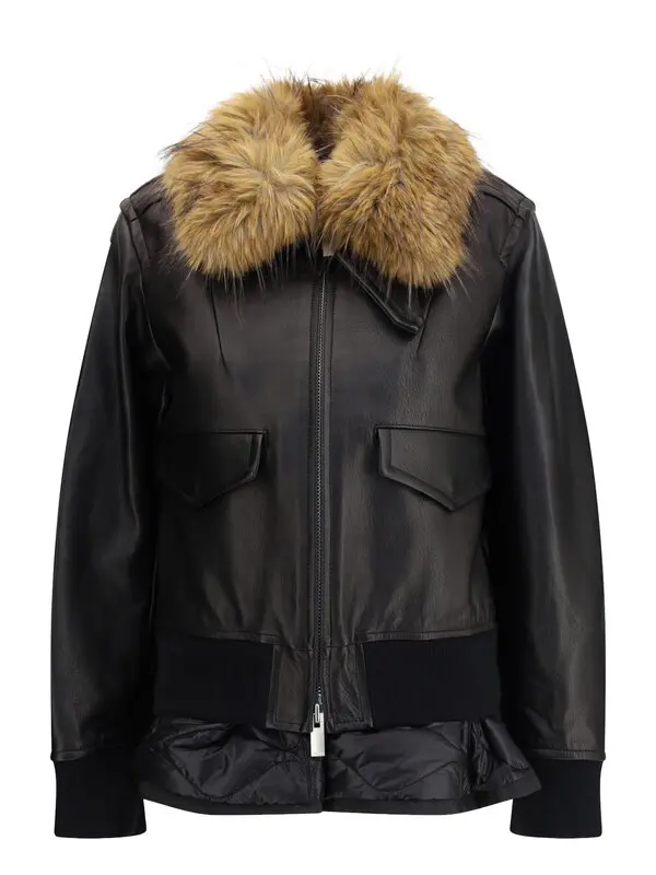 Sacai 2-in-1 Zipped Leather Jacket With Fur Collar - Black