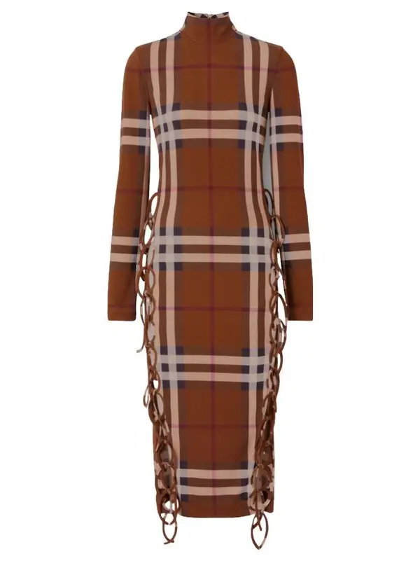 Burberry Checked High Neck Long Sleeve Dress - Brown