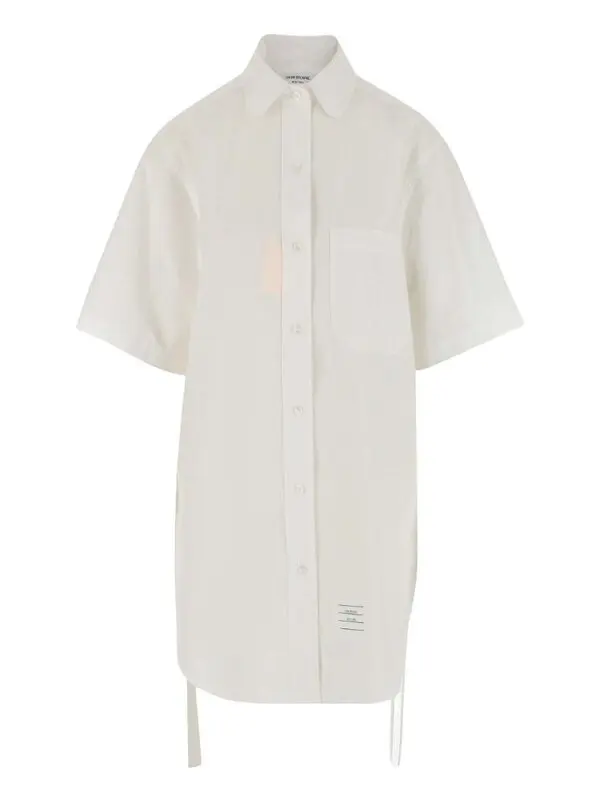 Thom Browne Button-up Shirt Dress With Logo Patch - White