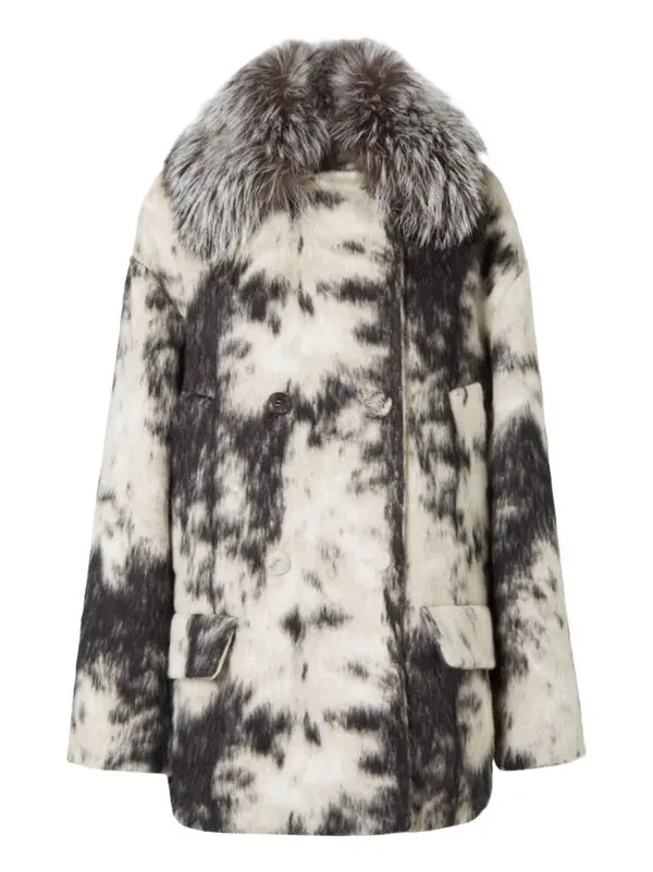 Fendi Frosted Fauna Wool Coat With Fox Fur Collar - Black And White