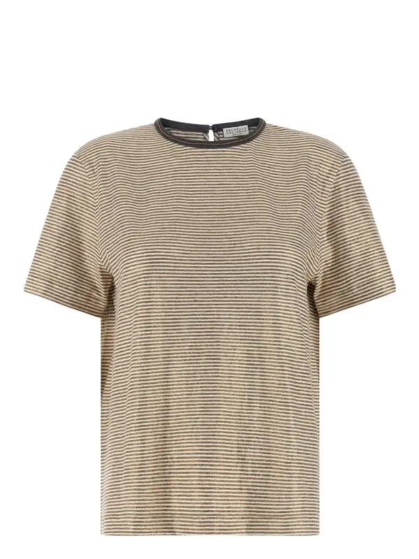 Brunello Cucinelli Striped Short-sleeved T-shirt With Shiny Collar - Brown