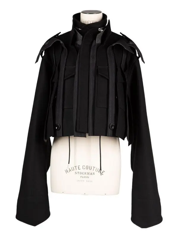 Sacai Long Sleeve Cropped Casual Jacket With Chalk Stripes - Black