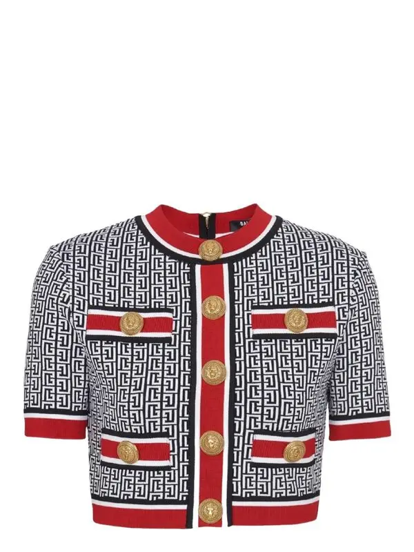 Balmain Jacquard Monogrammed Cropped Top With Lion Head Buttons - Black