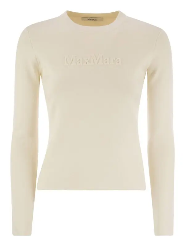 Max Mara Logo Embossed Crew Neck Long Sleeve Sweater - Nude
