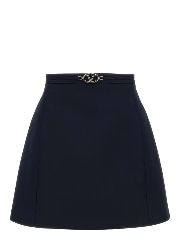 Valentino Garavani High Waist A-line Skirt With Logo Plaque - Navy Blue