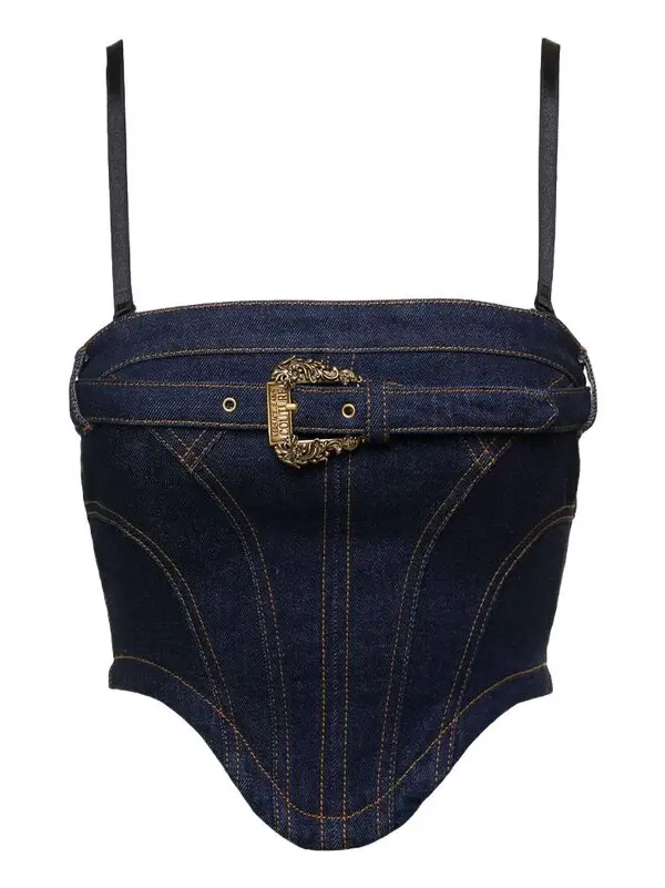 Versace Baroque Buckled Denim Cropped Top - Black