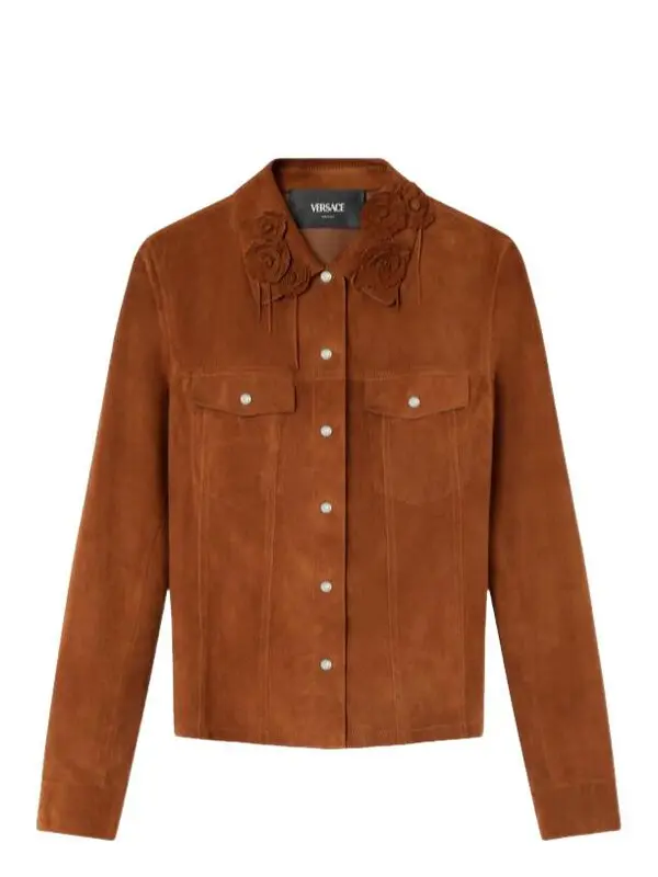 Versace Floral Embellished Suede Jacket - Brown
