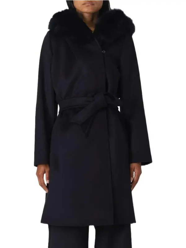 Max Mara Wool Coat With Fur Trimmed Hood And Tie Waist - Black