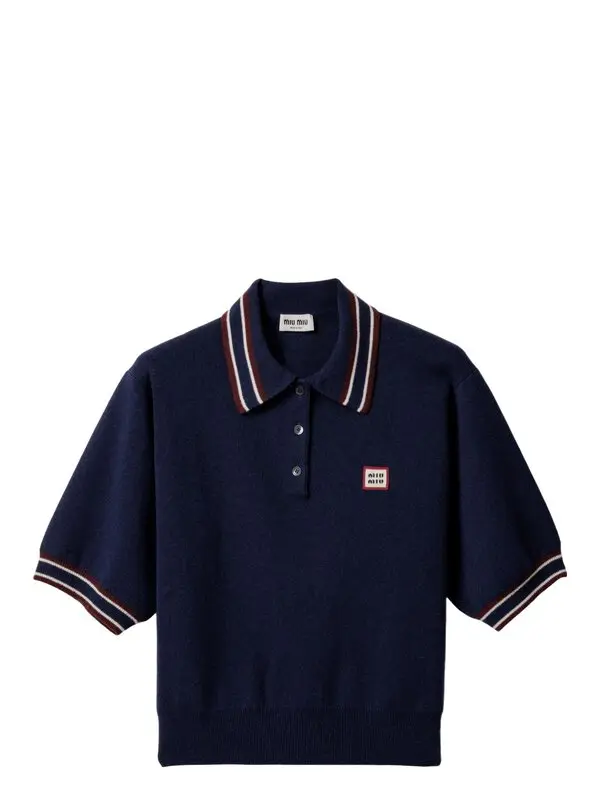 Miu Miu Logo Patch Short Sleeve Knit Polo - Navy