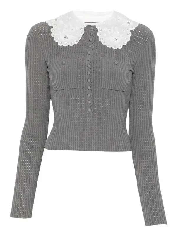 SELF-PORTRAIT Lace Collar Knitted Top - Grey