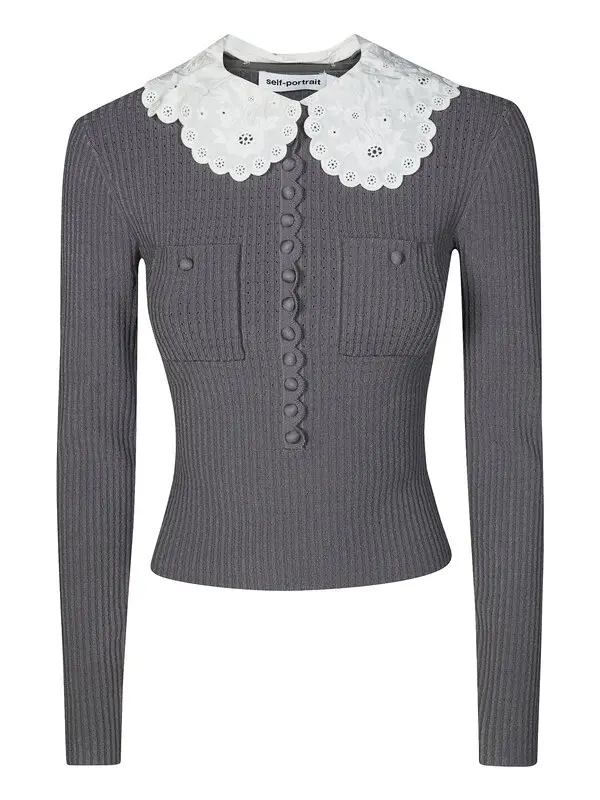 SELF-PORTRAIT Lace Collar Knitted Top - Grey