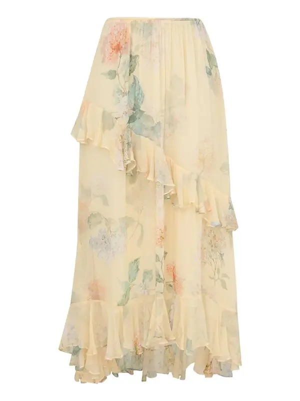 Zimmermann Asymmetrical Skirt With Laminated Flounces - Lemon Hydrangea
