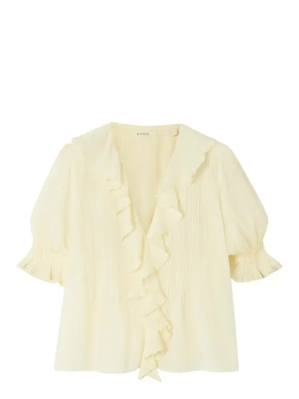 DÔEN Ruffled Trim Short Sleeve Blouse - Yellow