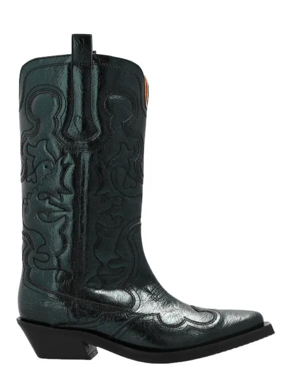 GANNI Square-toed Embossed Boots - Dark Green