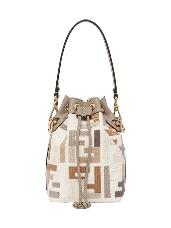 Fendi Embroidered Canvas Mini Bucket Bag With Gold Tone Hardware - Nude