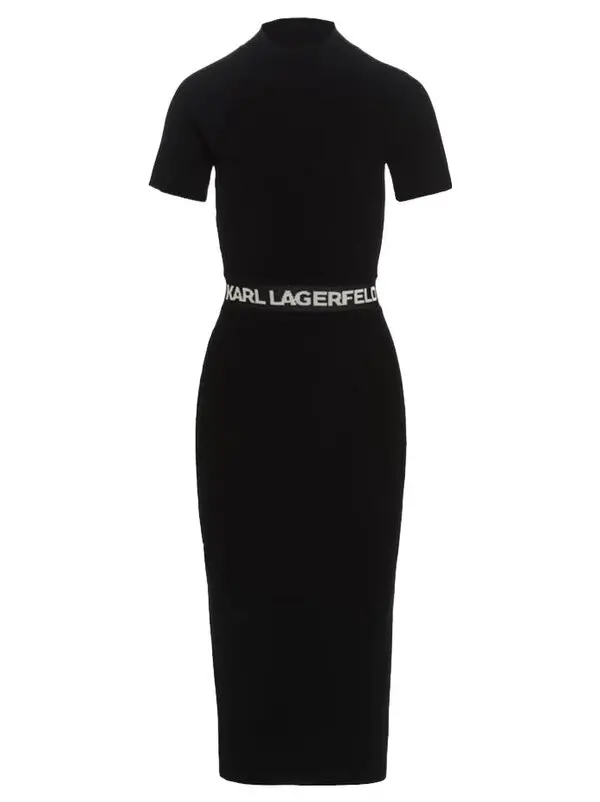 Karl Lagerfeld Ribbed Knit High-neck Logo Dress - Black