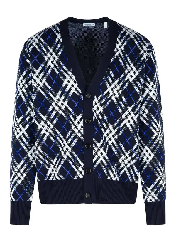 Burberry Check Pattern V-neck Cardigan - Navy