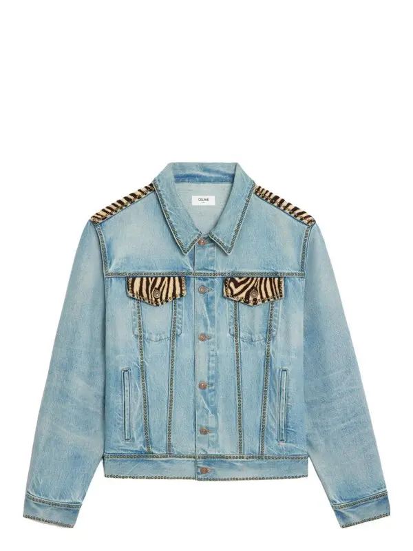 Celine Zebra-print Studded Trucker Jacket - Blue