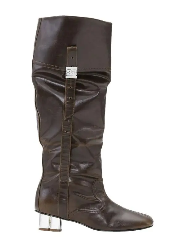 GANNI Square-toe Boots With Butterfly Buckle - Dark Olive