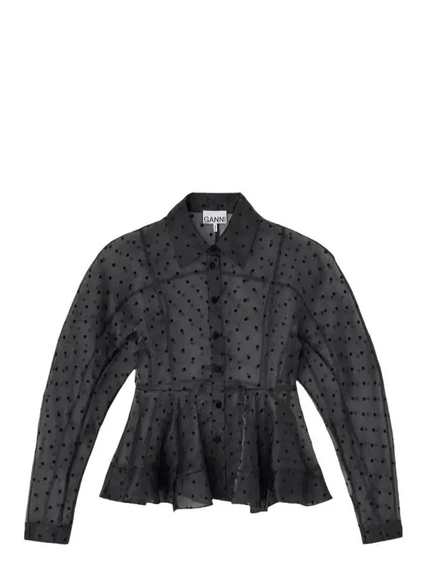 GANNI Sheer Polka Dot Peplum Shirt - Black