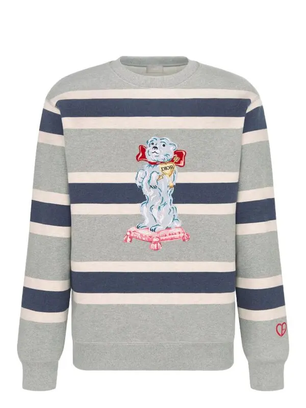 Dior Striped Crewneck Sweater With Bobby Embroidery - Grey