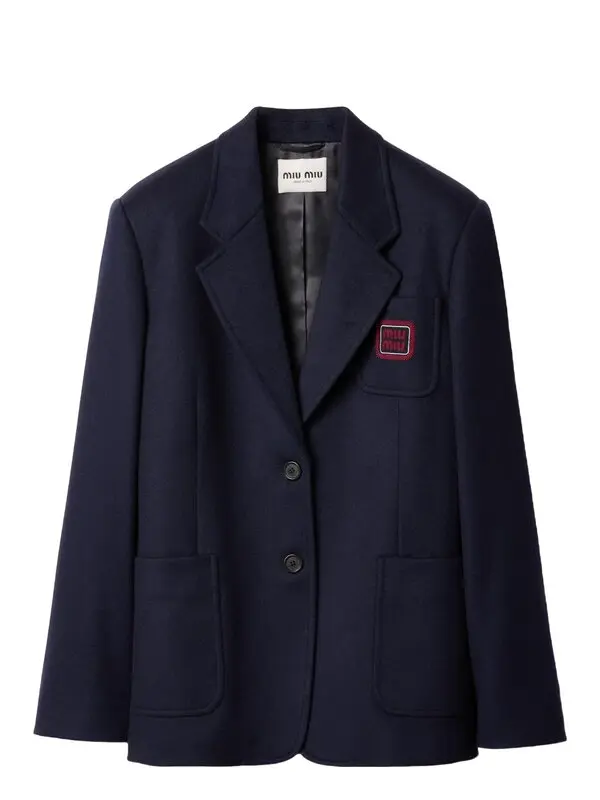 Miu Miu Single-breasted Velour Jacket With Embroidered Logo - Navy