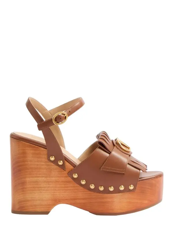 Valentino Garavani Vlogo Plaque Fringed Edge Platform Wedge Sandals - Tobacco Color