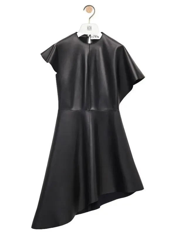 Loewe Asymmetric Nappa Leather Dress With Hat Sleeves - Black