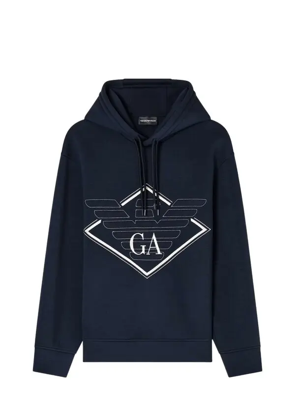 Emporio Armani Logo Embroidered Oversized Hoodie - Navy Blue
