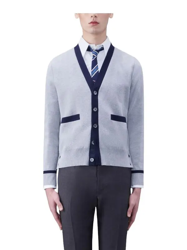 Thom Browne Milano Cotton Knit Cardigan With Contrast Trim - Blue