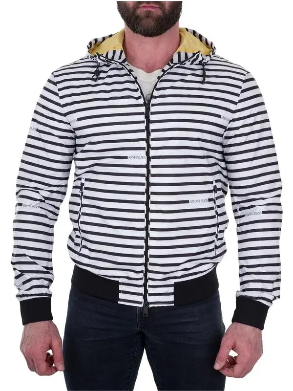 Emporio Armani Striped Casual Jacket With Drawstring Hood - Black