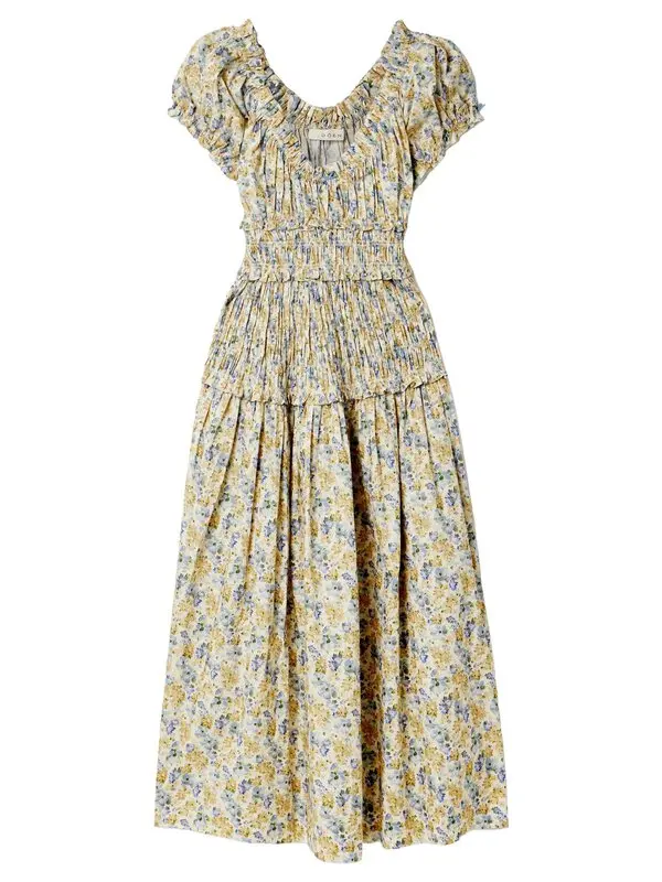 DÔEN Puff Sleeve Floral Midi Dress - Nude