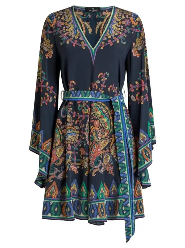 Etro Paisley-printed V-neck Long Sleeve Dress With Detachable Belt - Black