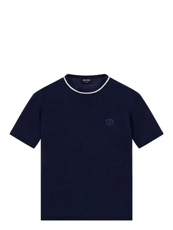 Giorgio Armani Short-sleeved Knitted Jumper With Logo Embroidery - Navy Blue